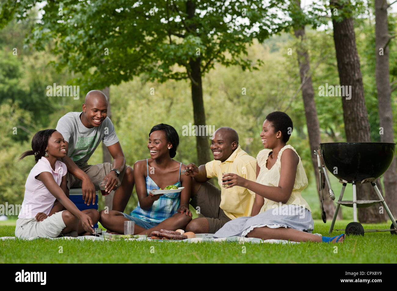 A group of young African friends picnic together in a park Stock Photo ...