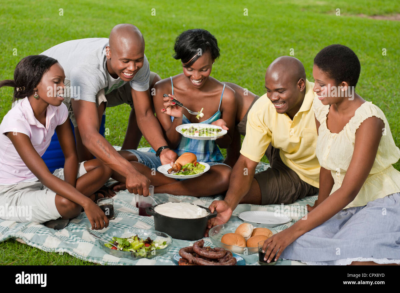 A group of young African friends picnic together in a park Stock Photo ...