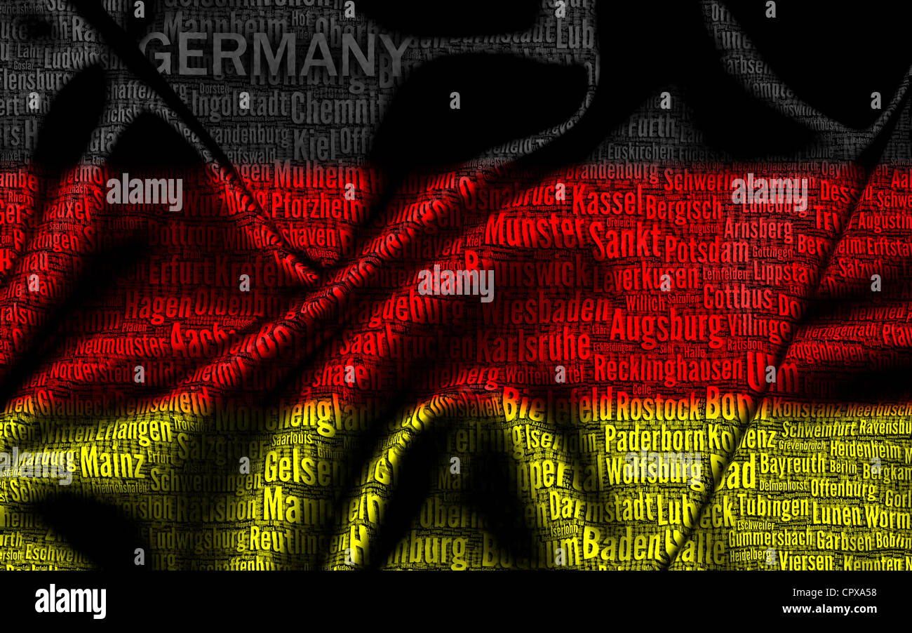 Word cloud formed from the cities of Germany with the flag Stock Photo ...