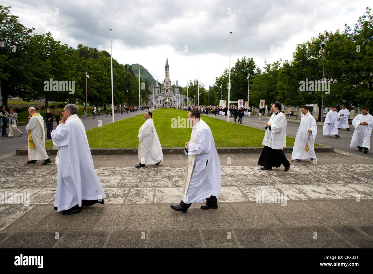 Christian pilgrims march outside the Rosary Basilica, Lourdes, Midi ...