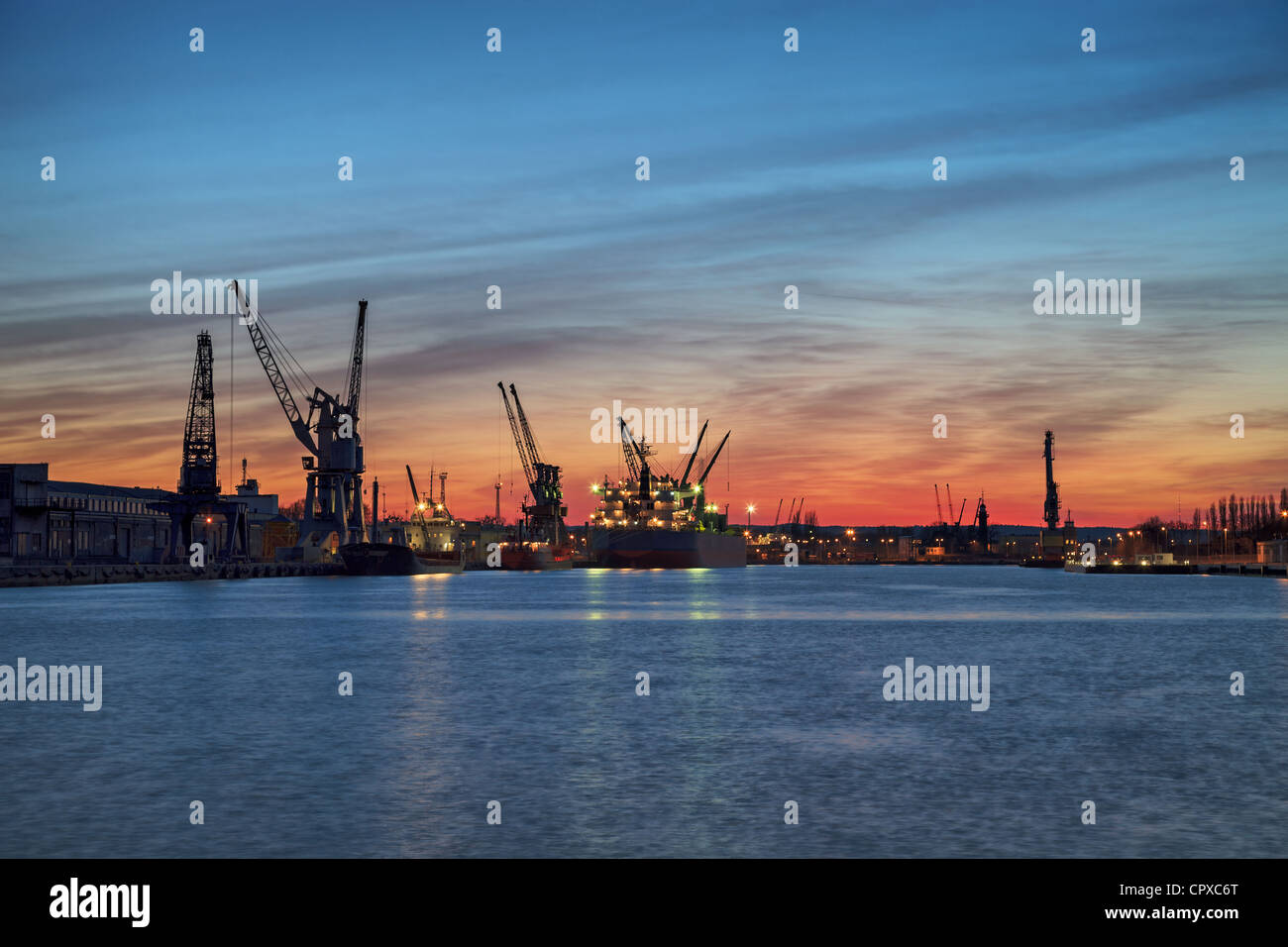 Port wharf at sunset background. Gdansk, Poland Stock Photo - Alamy
