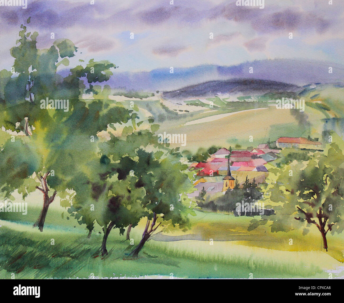 Austrian landscape painted by watercolor Stock Photo - Alamy