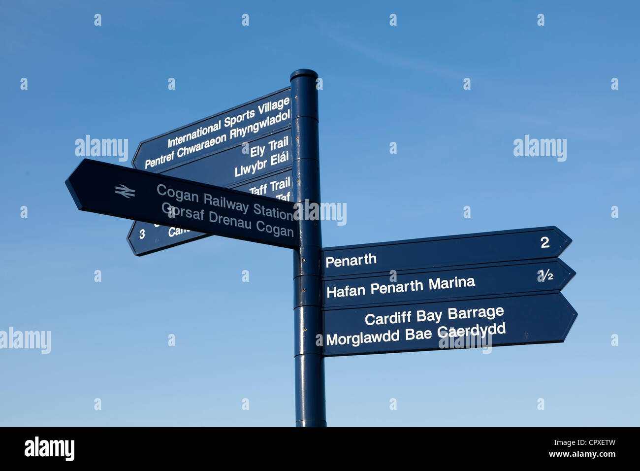 Finger post giving directions and distances around Cardiff Bay, Wales ...