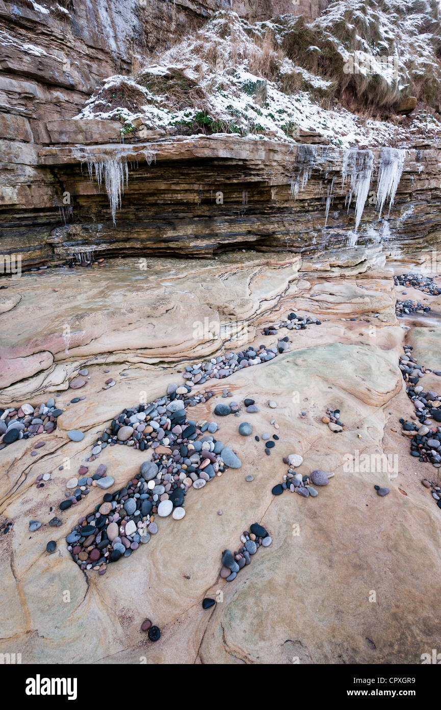 Ice and rock formations Thorntonloch beach, Borders, Scotland, UK Stock ...