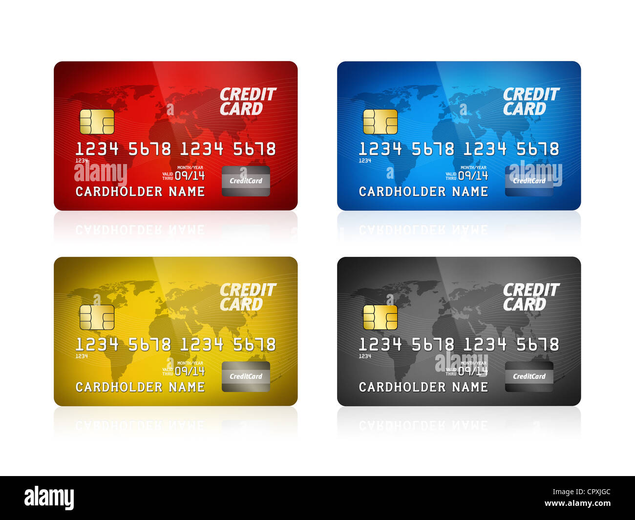 Pack of high detail illustration of a plastic credit card. Isolated on ...