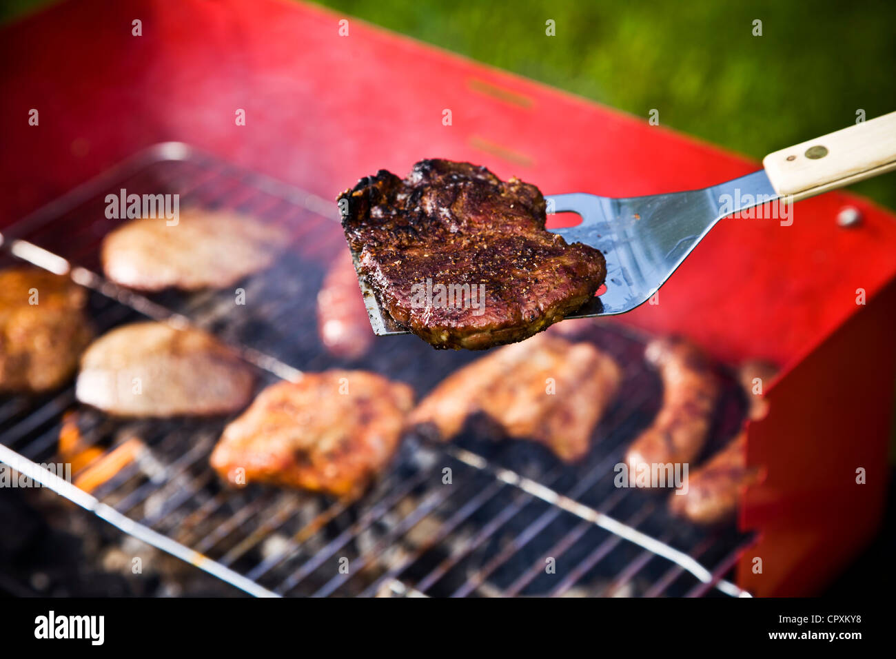 Closeup of fried meat on grill Stock Photo - Alamy