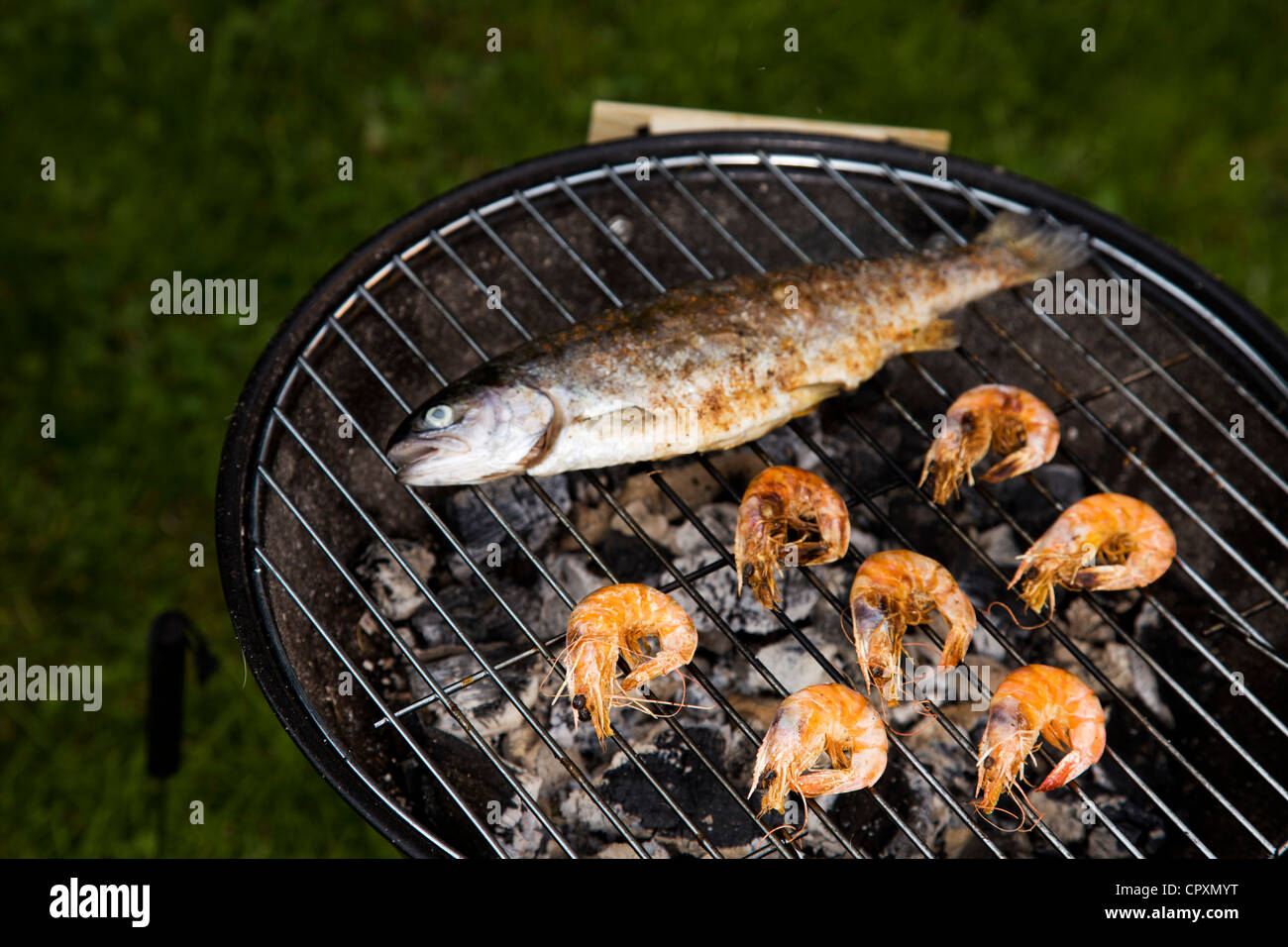 Seafood on grill. Fish and shrimps Stock Photo - Alamy
