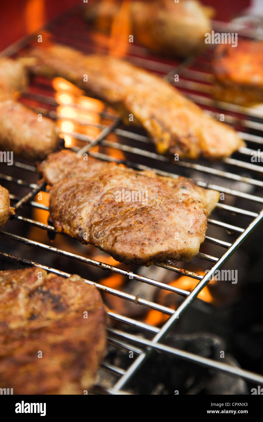 Closeup of fried meat on grill Stock Photo - Alamy