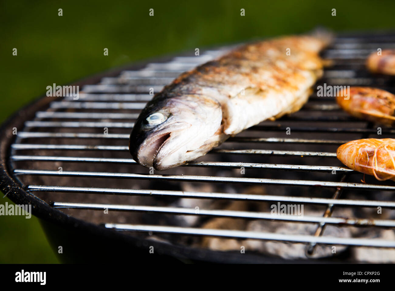 Seafood on grill. Fish and shrimps Stock Photo - Alamy
