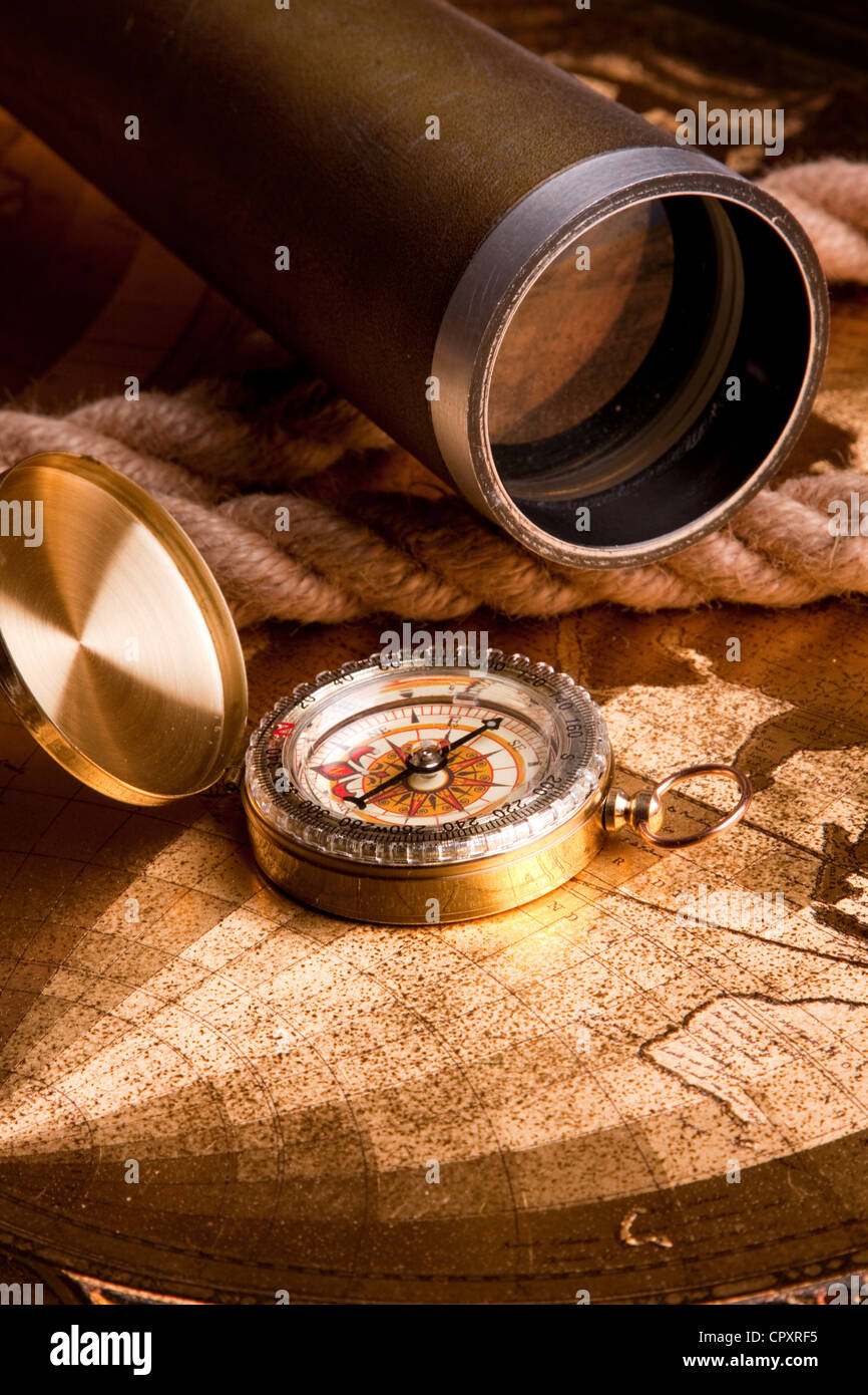 Vintage Navigation equipment, compass and other tools Stock Photo - Alamy