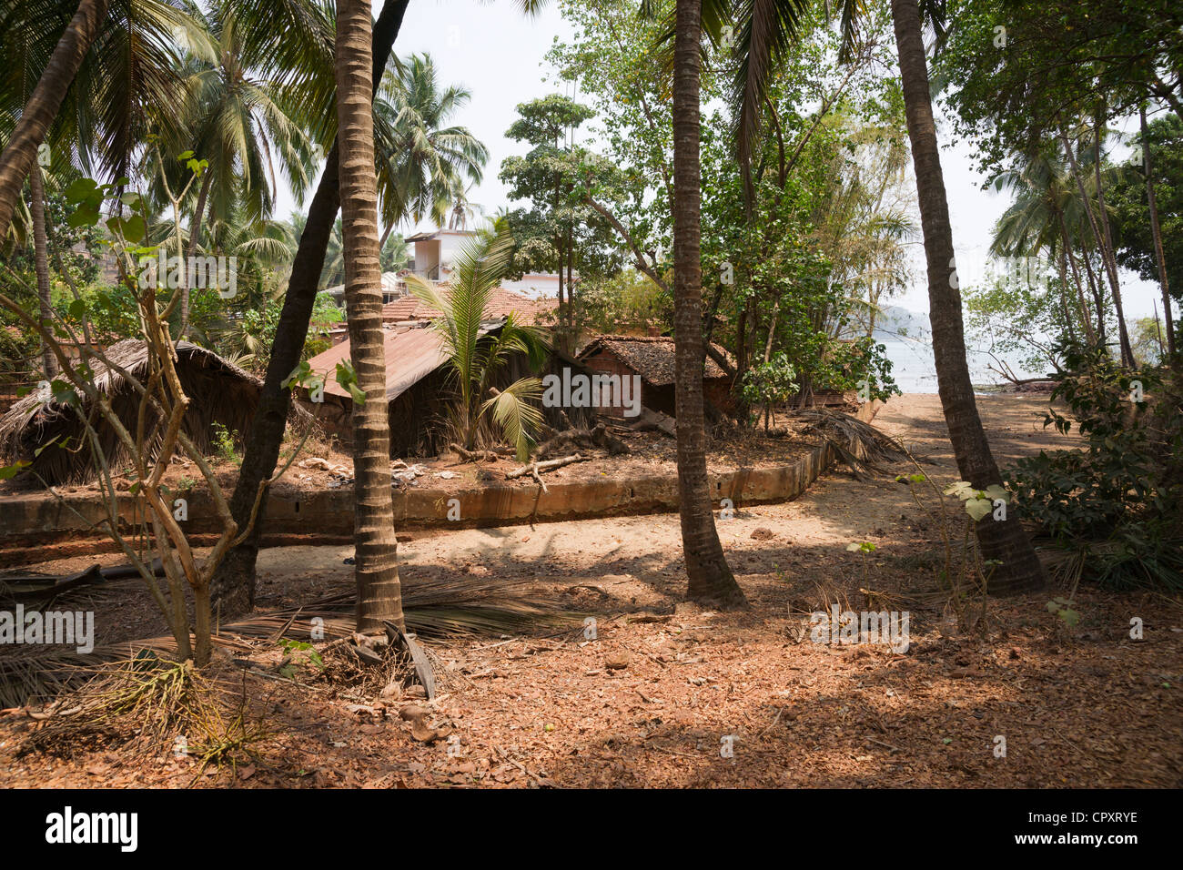 Traditional dwellings on the edge of a drainage gully in Tiracol, Goa ...
