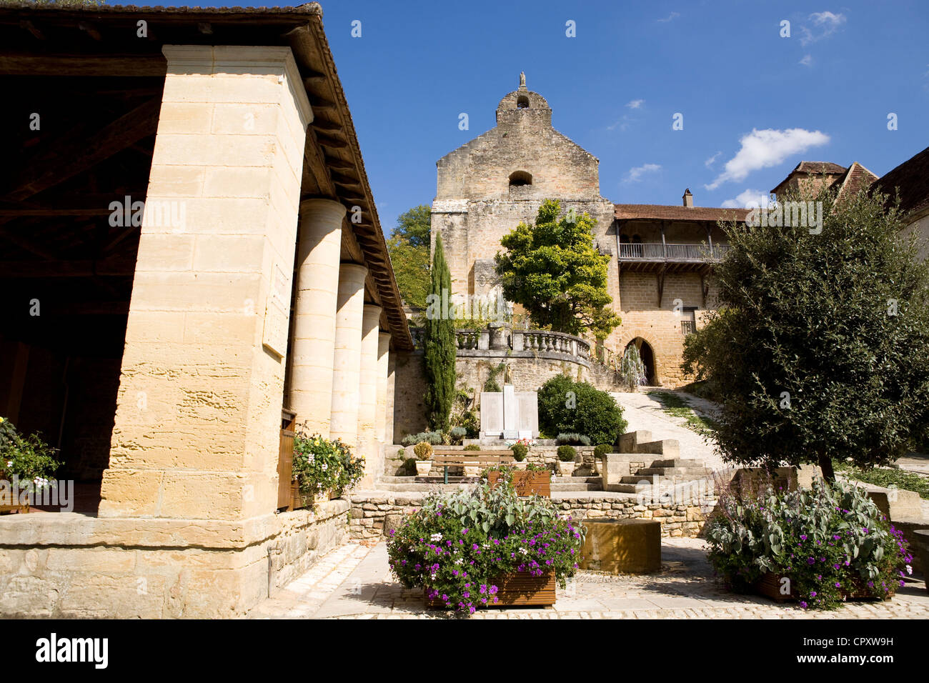 France, Dordogne, Perigord Noir, Plazac, covered market and the 12th ...