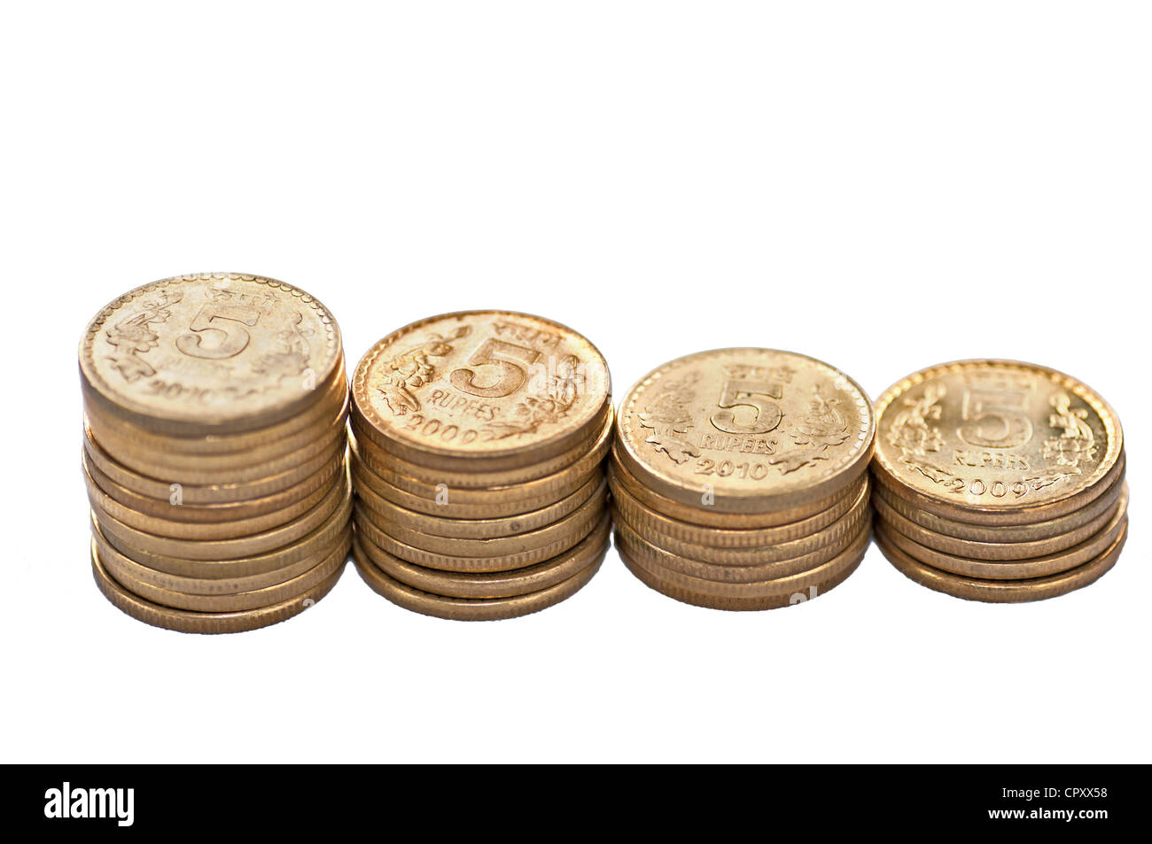 Closeup of Indian Coin stack, 5 rupees, isolated on white background ...