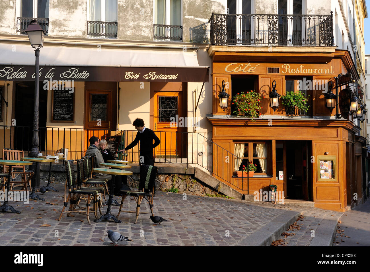 France, Paris, la butte montmartre, terrace of Cafe de la Butte square ...