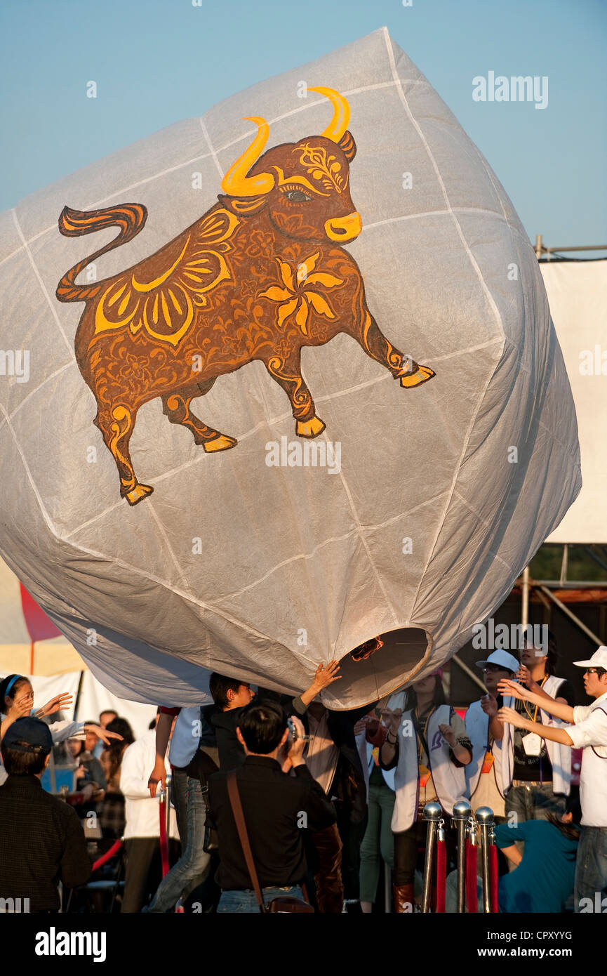 Taiwan, Taipei District, Shifen, Lantern festival, ox on the paper ...