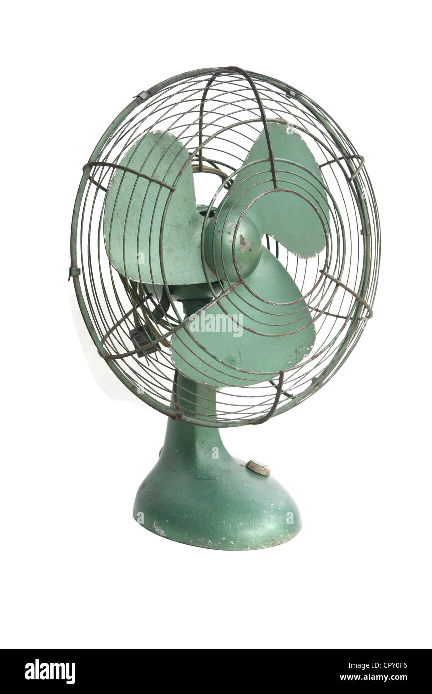 vintage green electric fan on white background Stock Photo - Alamy