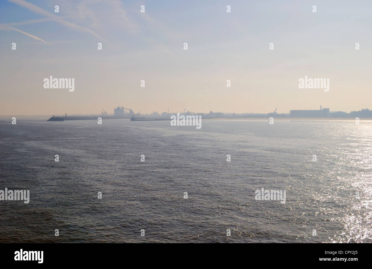 France. Calais. Coastline viewed from cross channel ferry in early ...
