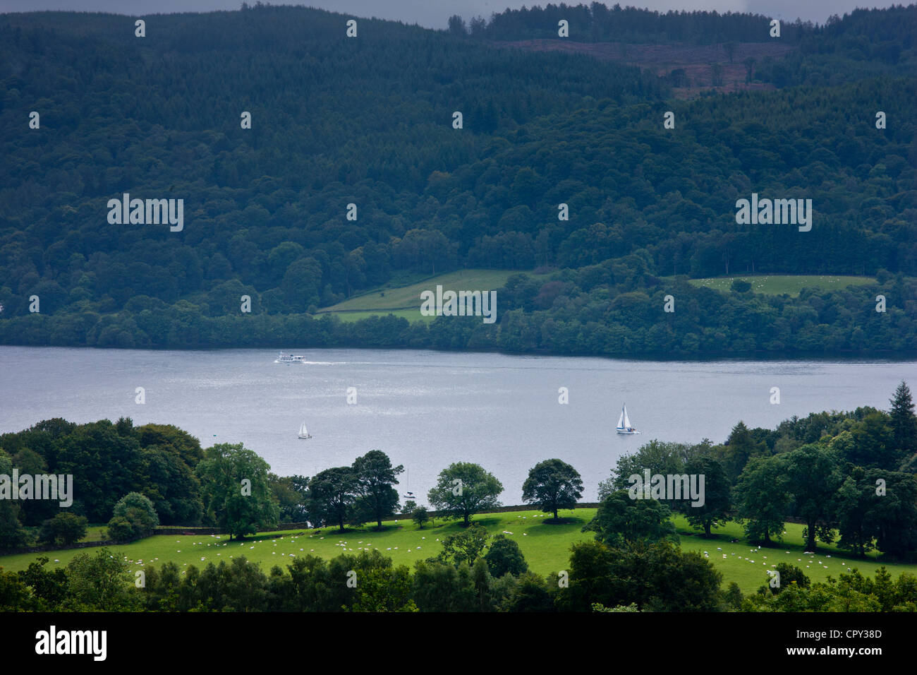 Yacht on northern part of Lake Windermere in the Lake District National ...
