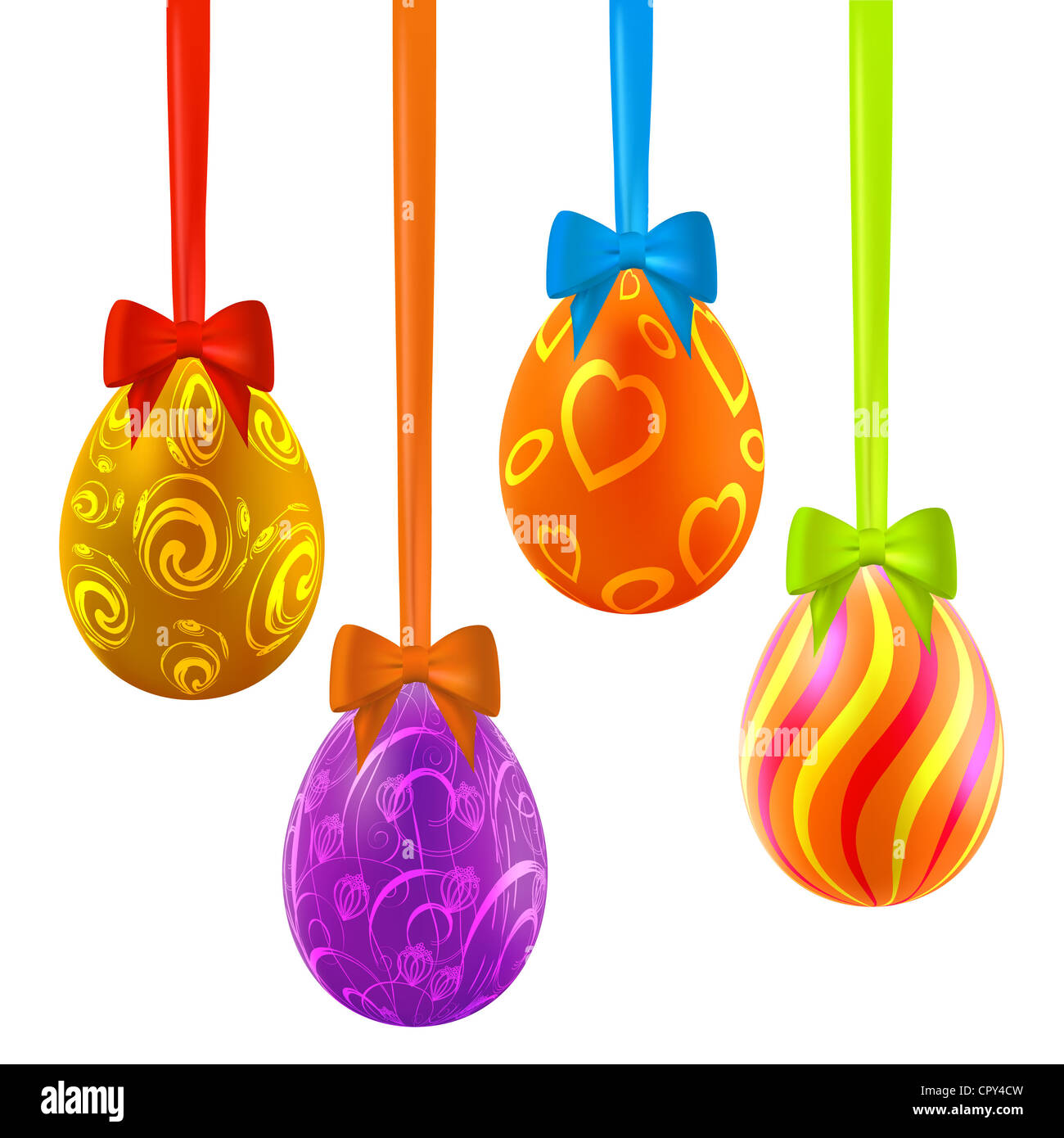 Colorful easter eggs hanging on ribbons with bows. Vector eps10 ...