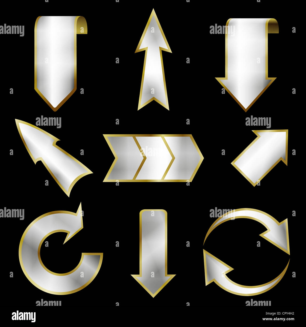 Arrows set in metallic style on black background Stock Photo - Alamy