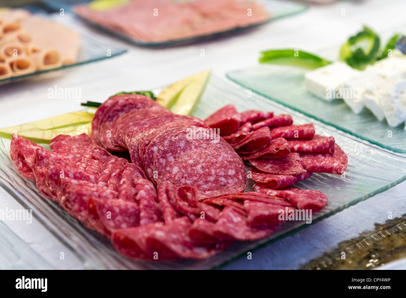 Tray of Salami served in a buffet table Stock Photo - Alamy