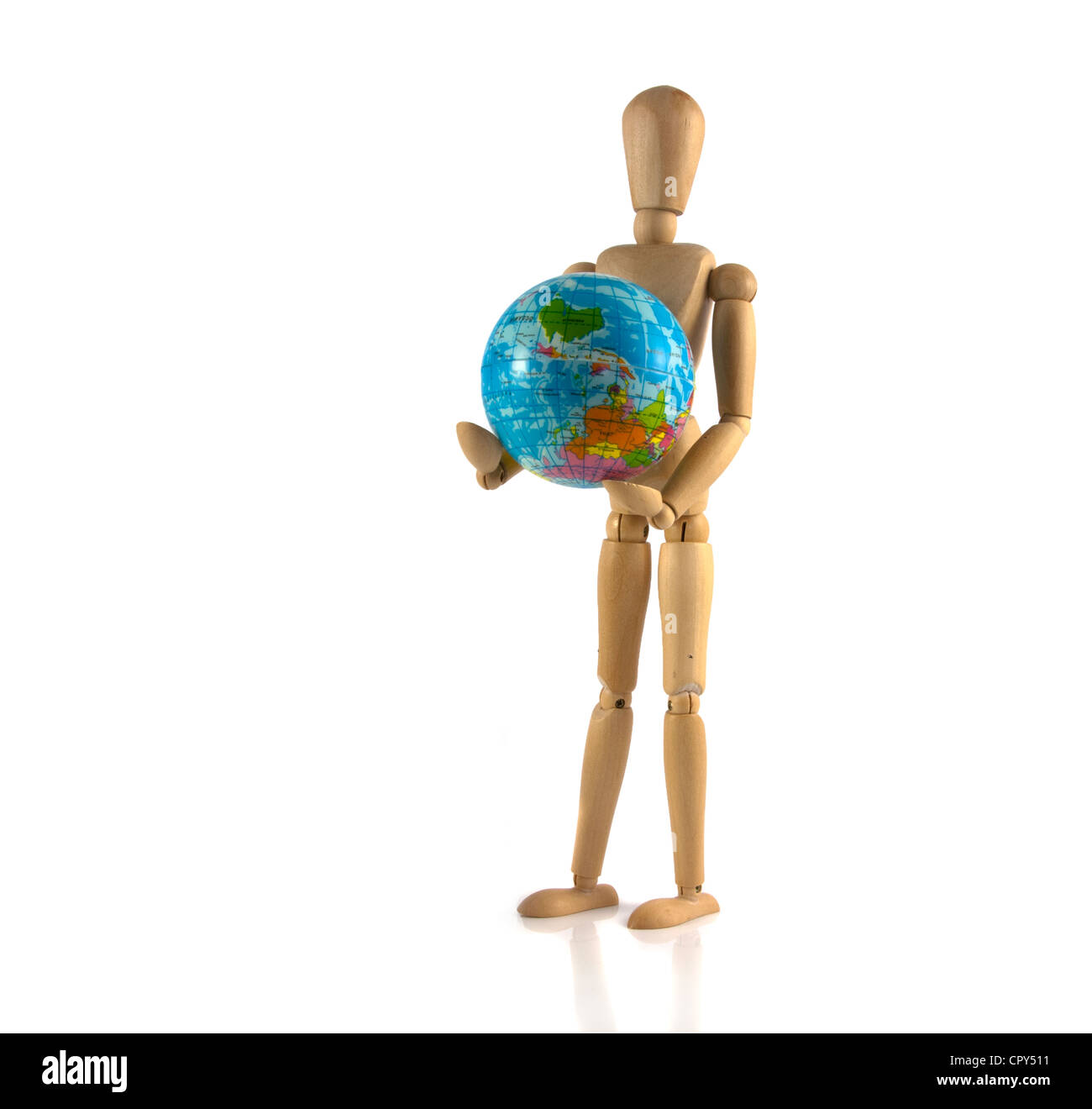 wooden puppet with the world in his hands Stock Photo - Alamy