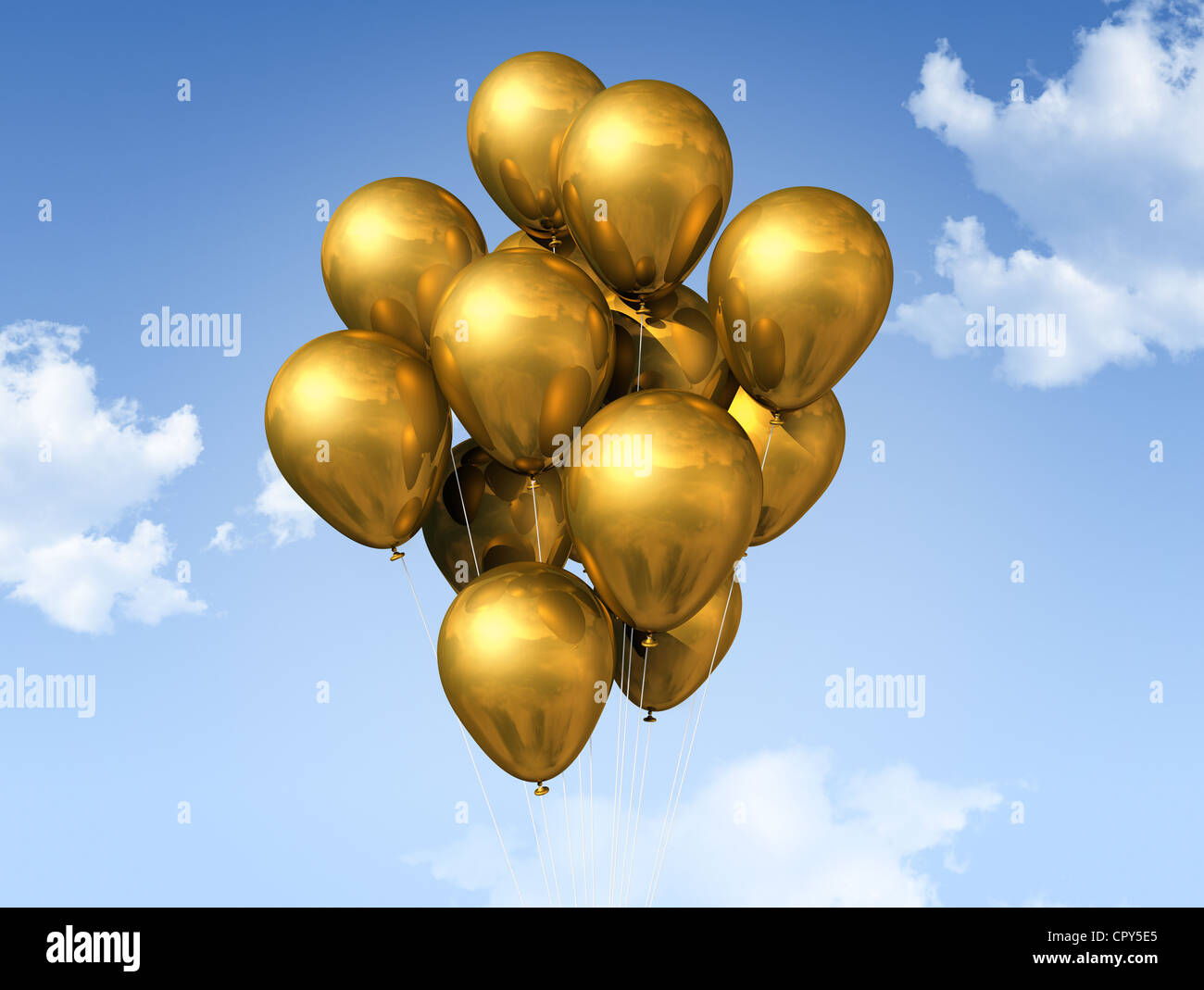 gold air balloons floating on a blue sky Stock Photo - Alamy