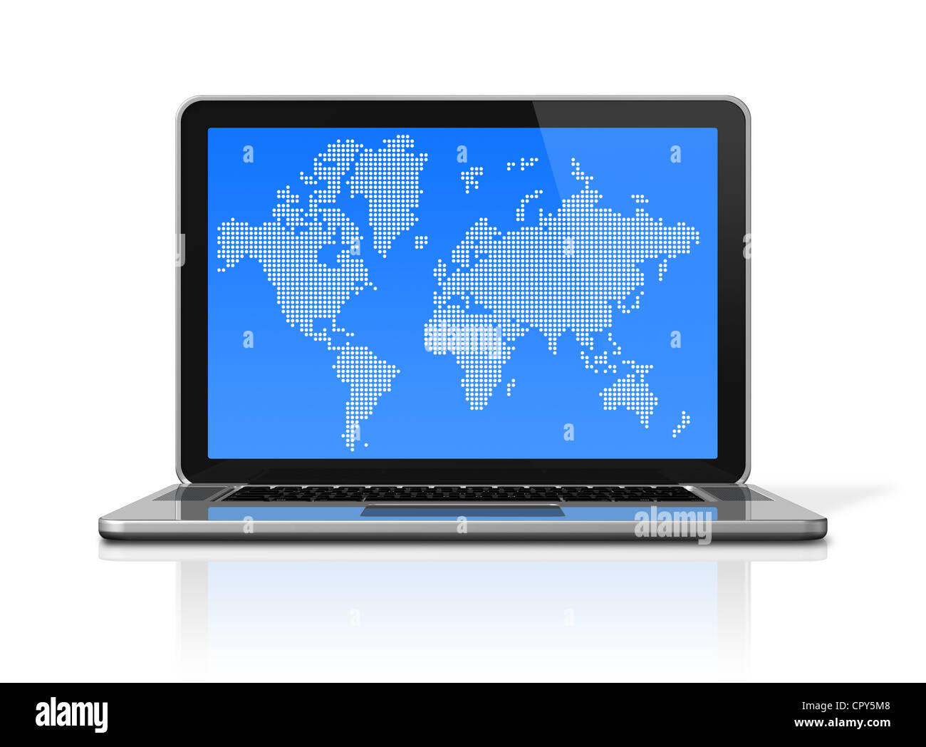 3D laptop computer with worldmap on screen. isolated on white with 2 ...