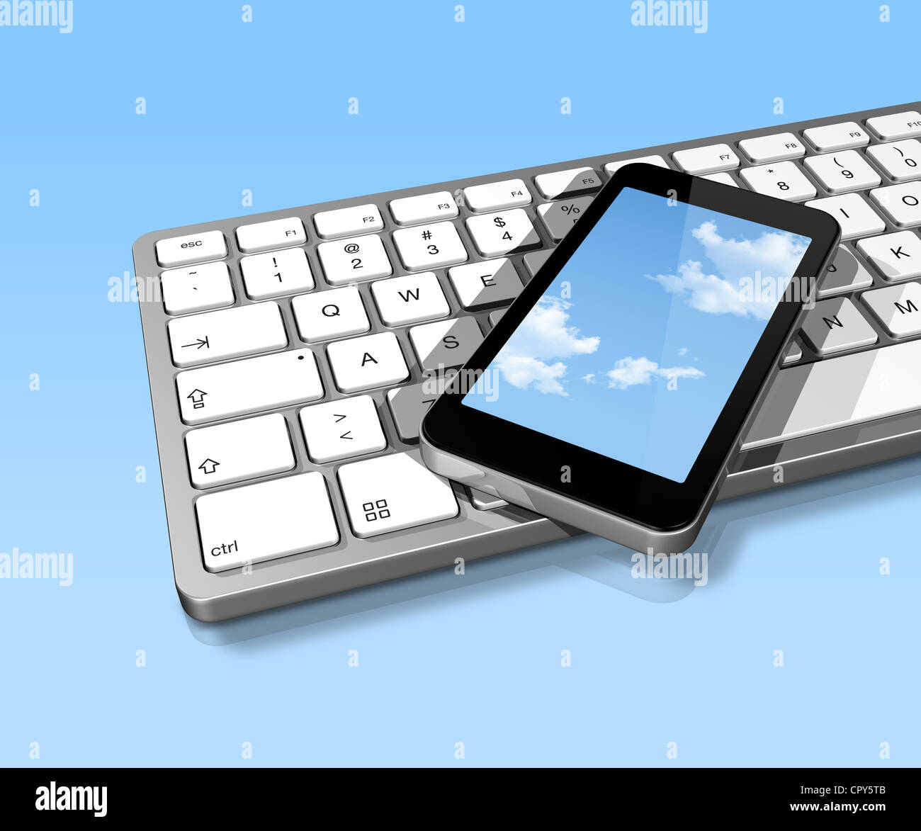 3D render of mobile phone with sky screen on a computer keyboard ...