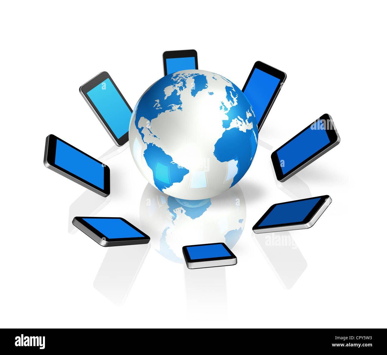 three dimensional mobile phones around world globe isolated on white ...