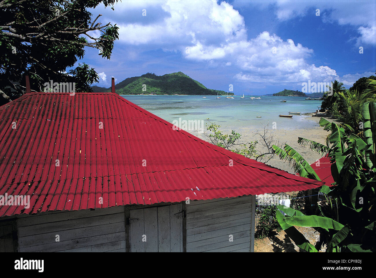 Seychelles, Mahe island, colonial style wooden house with corrigated ...