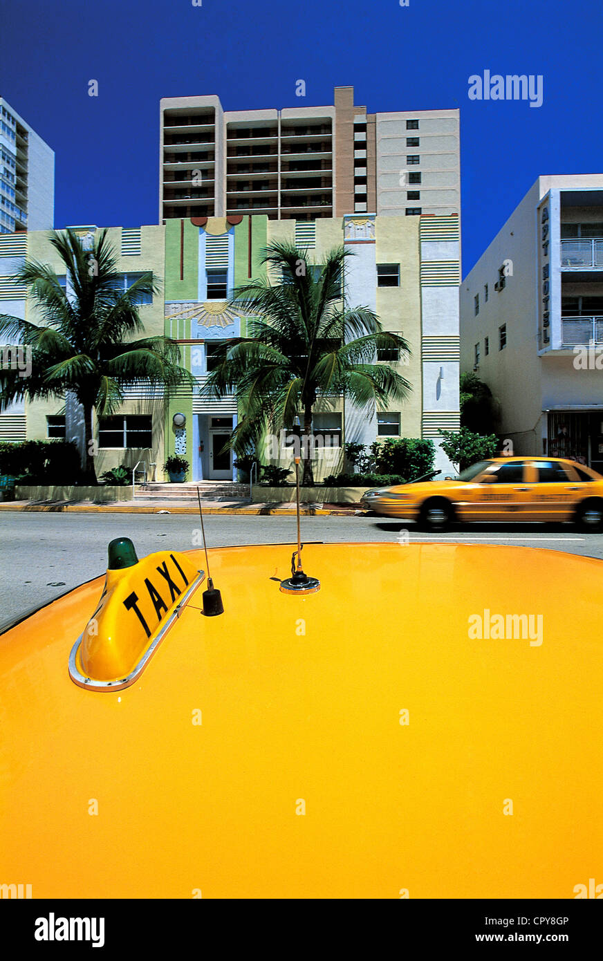 United States, Florida, Miami Beach, building and taxi Stock Photo - Alamy