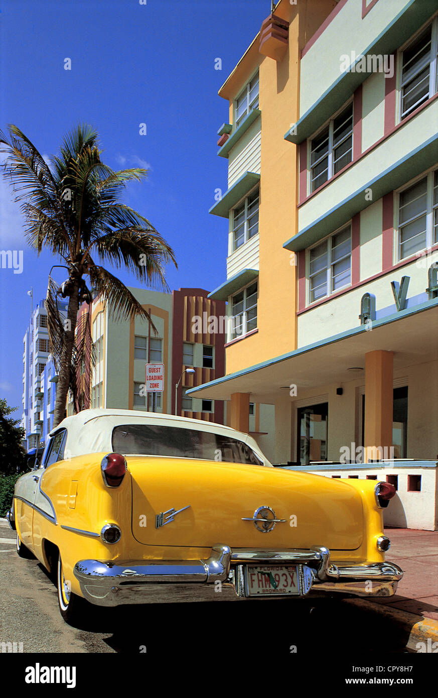 United States, Florida, Miami Beach, American car on Ocean Drive Stock ...