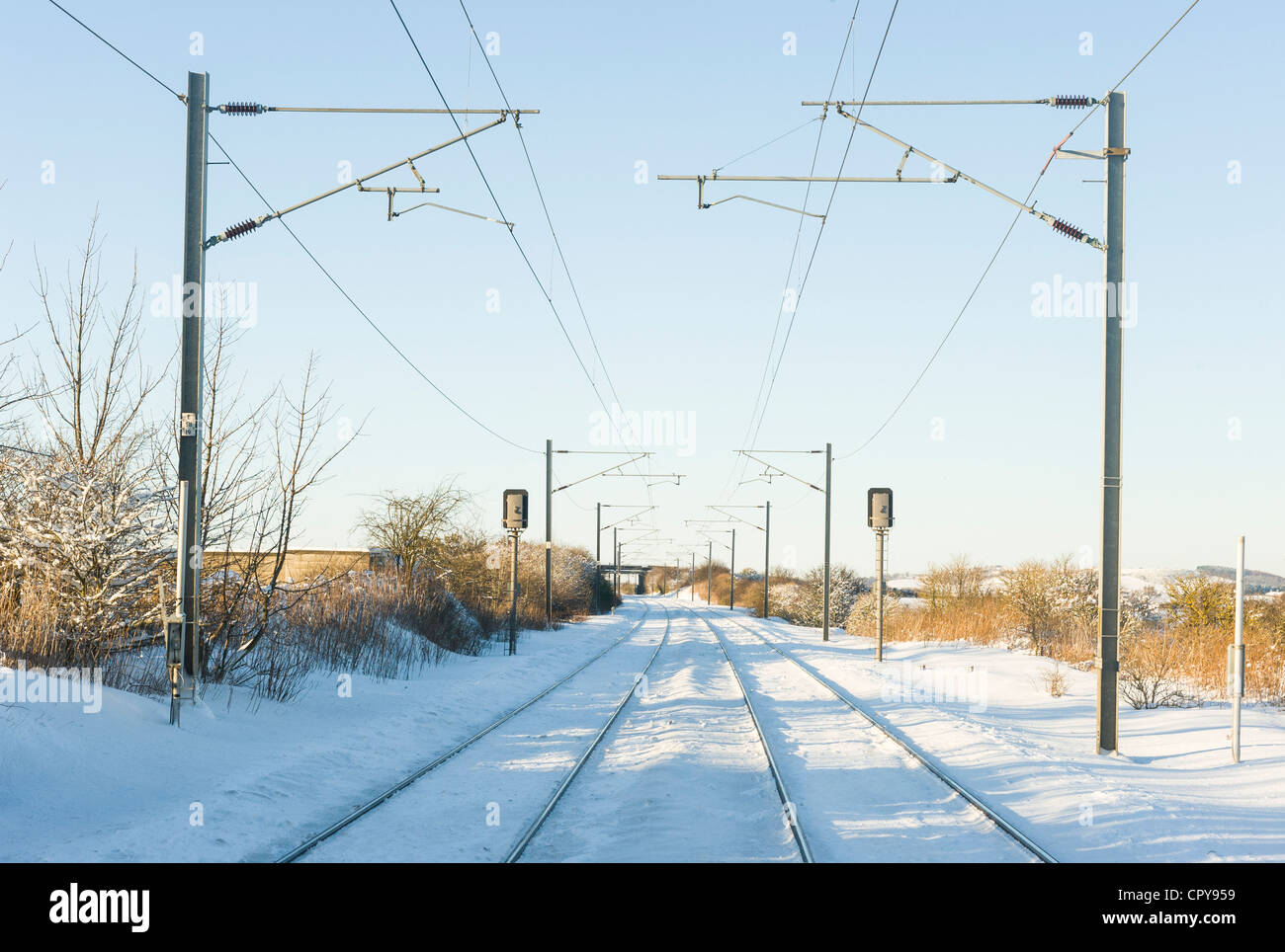 Snow covered train tracks in Northumberland countryside Stock Photo - Alamy