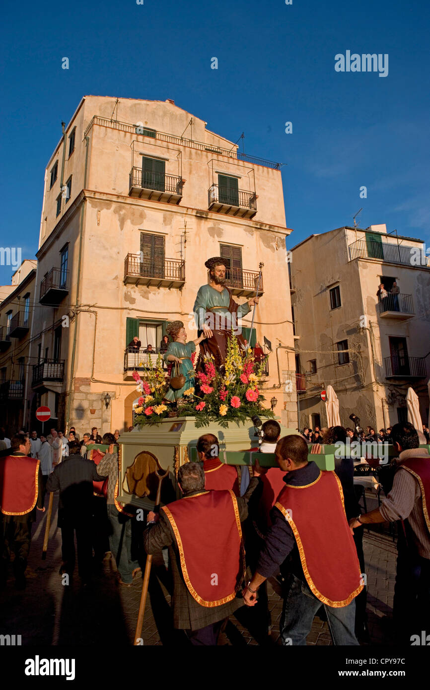 Italy, Sicily, Cefalu, the Great procession of San Giuseppe in march ...