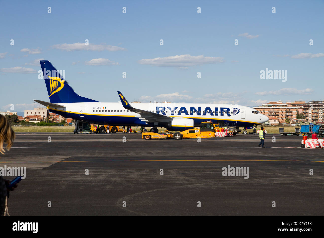 Ryanair airplane Boeing 737 standing in airport on floor Stock Photo ...