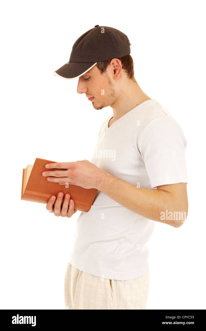 Young man is reading a book on white background Stock Photo - Alamy