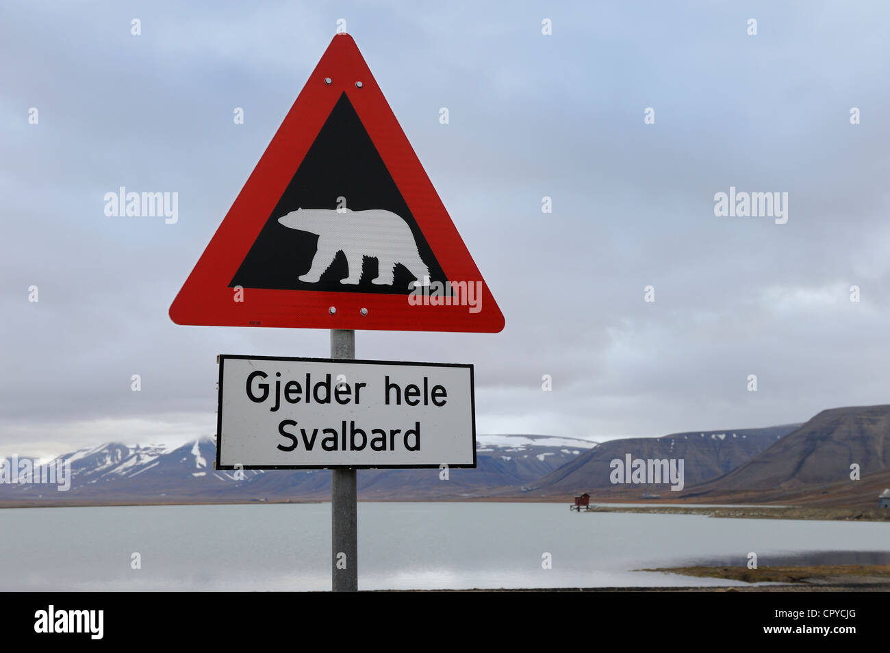 Norway, Svalbard (Spitzbergen), Longyearbyen, polar bear sign Stock ...