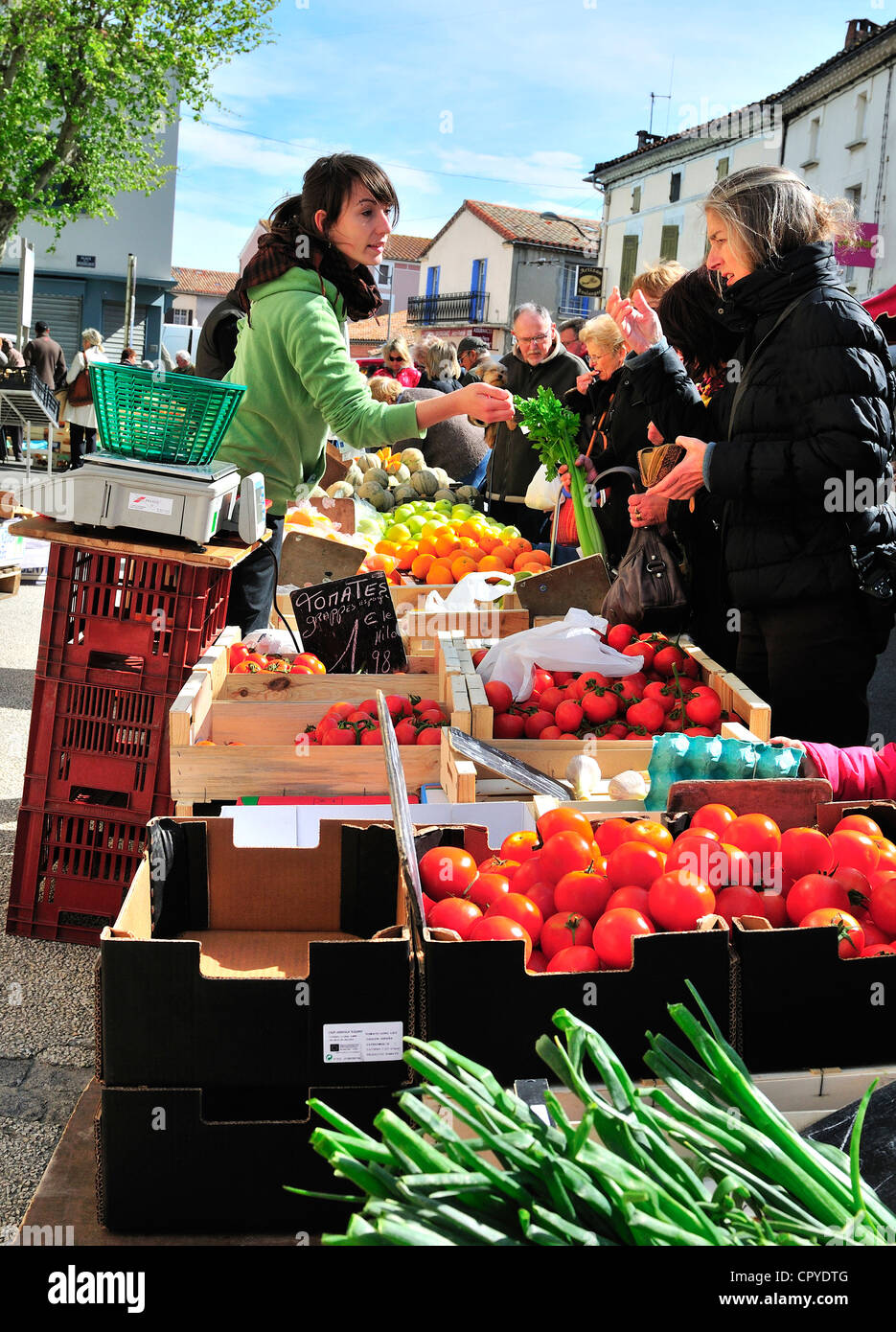 Fresh produce for sale on market day in the village of Bram near to the ...