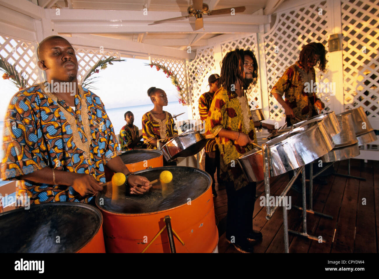 Antigua and Barbuda, Antigua Island, beach of Dickenson Bay, steel band ...