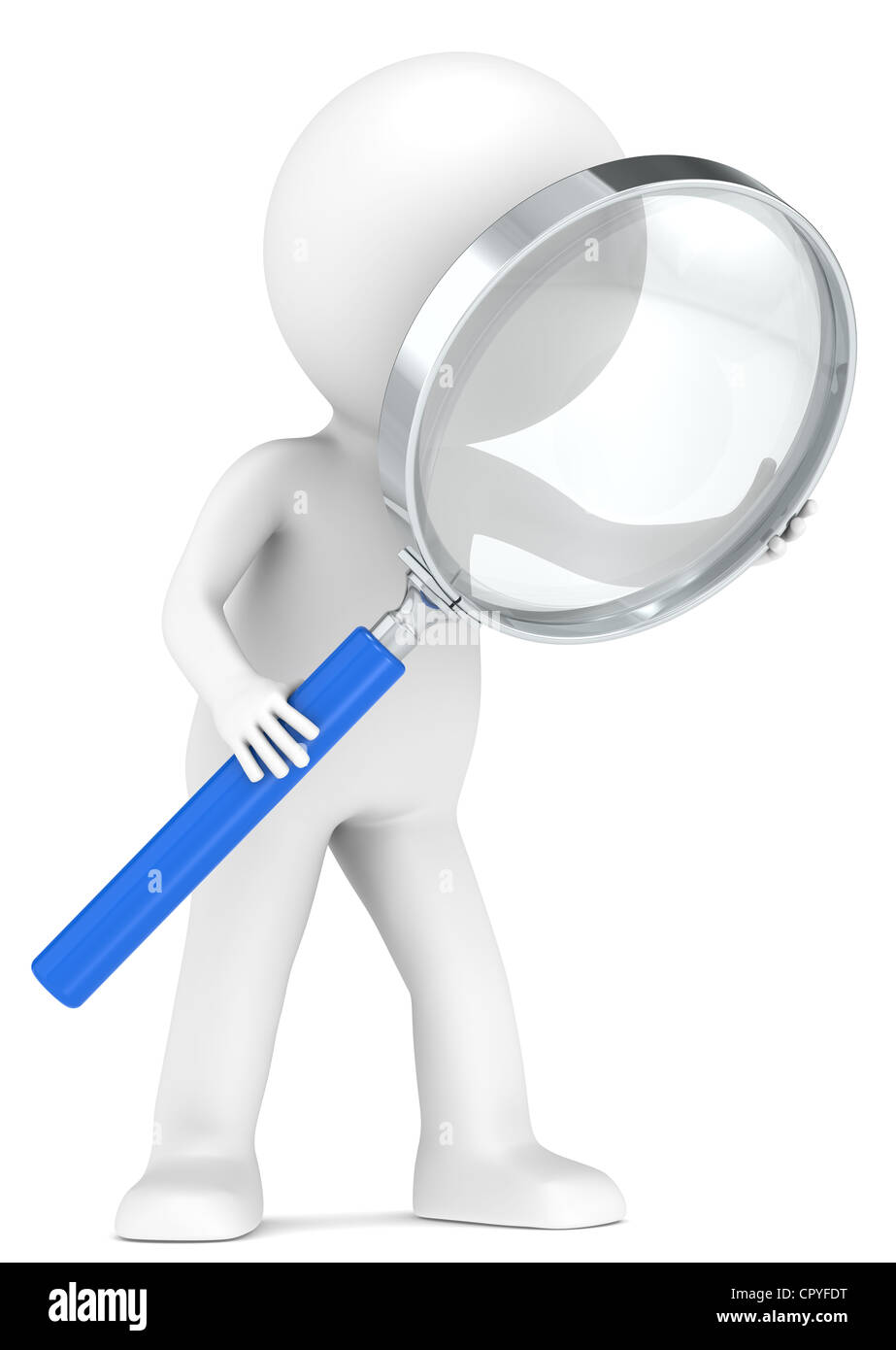 3D little human character with a Magnifying Glass. Blue. Low Refraction ...