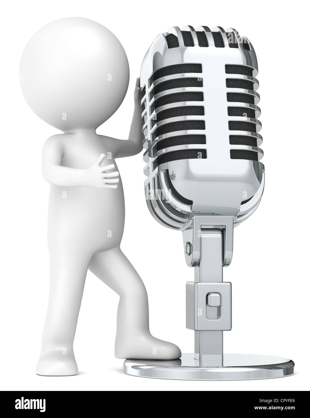 3D little human character The Star, with a Retro Microphone. Metal ...