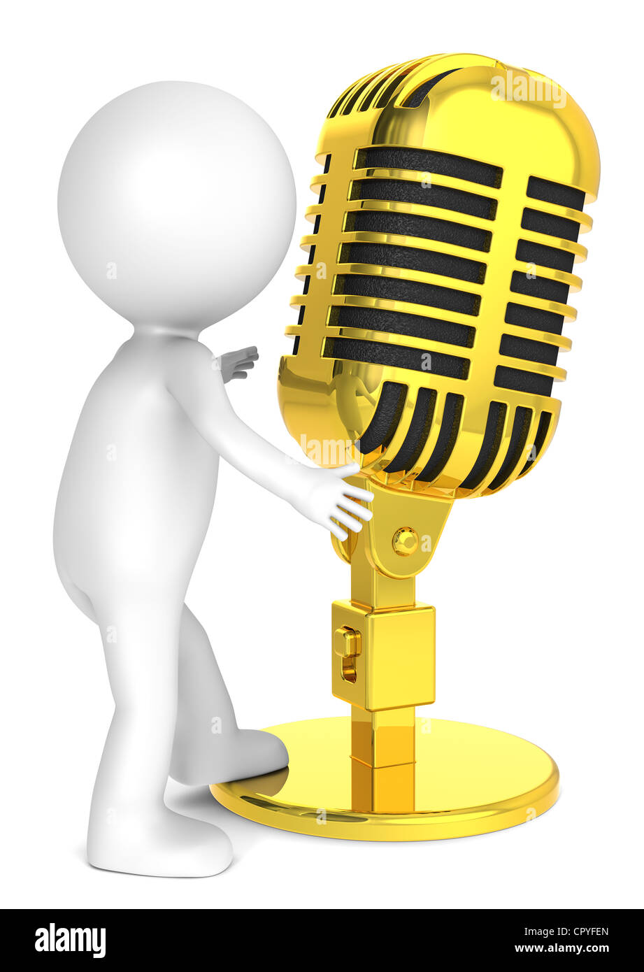 3D little human character with a Retro Microphone of gold. Metal ...