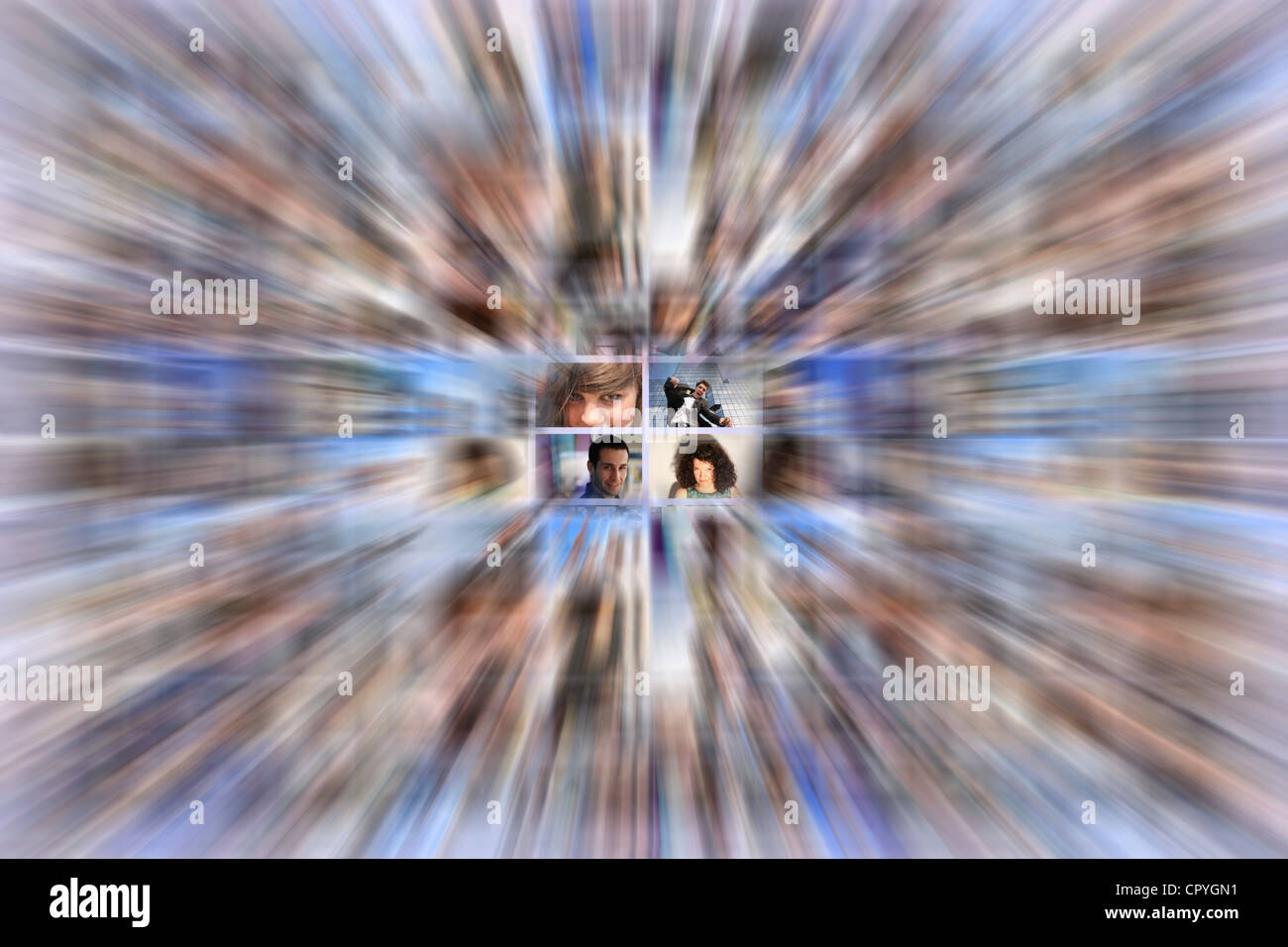 social media explosion abstract background with people Stock Photo - Alamy