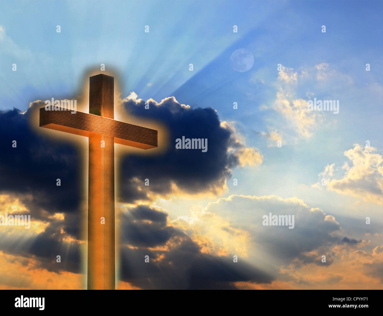 Cross in fire against sky with sunset and rays creative background ...