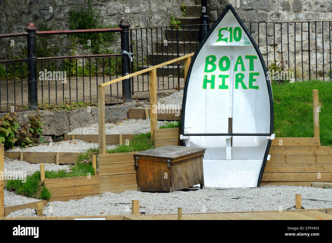 Maidstone, Kent, England. River Medway. Boat hire sign painted inside ...