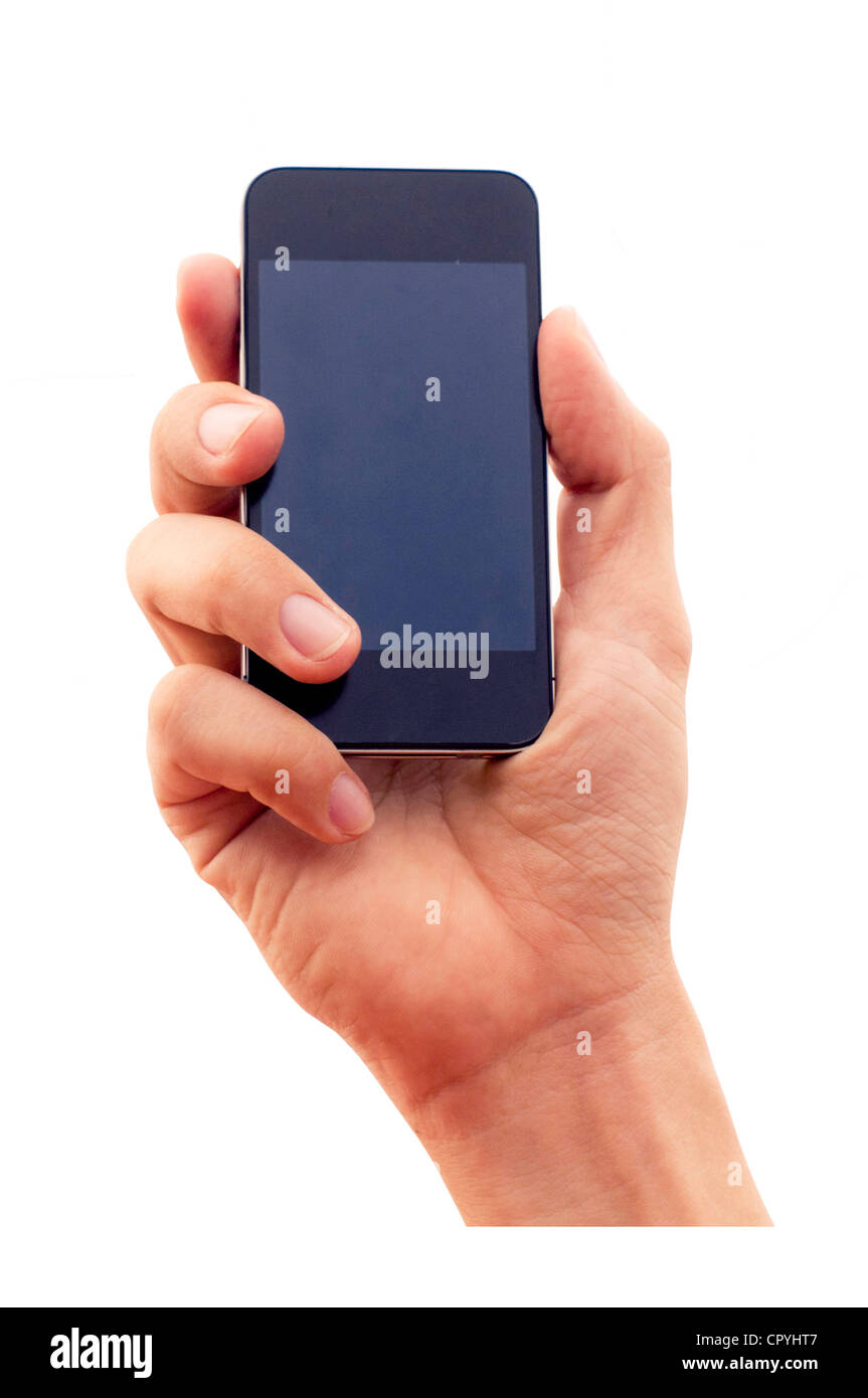 isolated hand holding smartphone or phone. clipping path of hand and ...