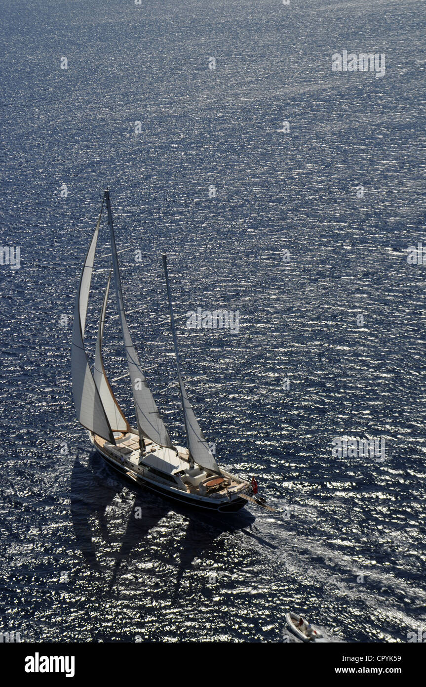 Aerial photograph of luxury wooden sailboat, sailing at the ...