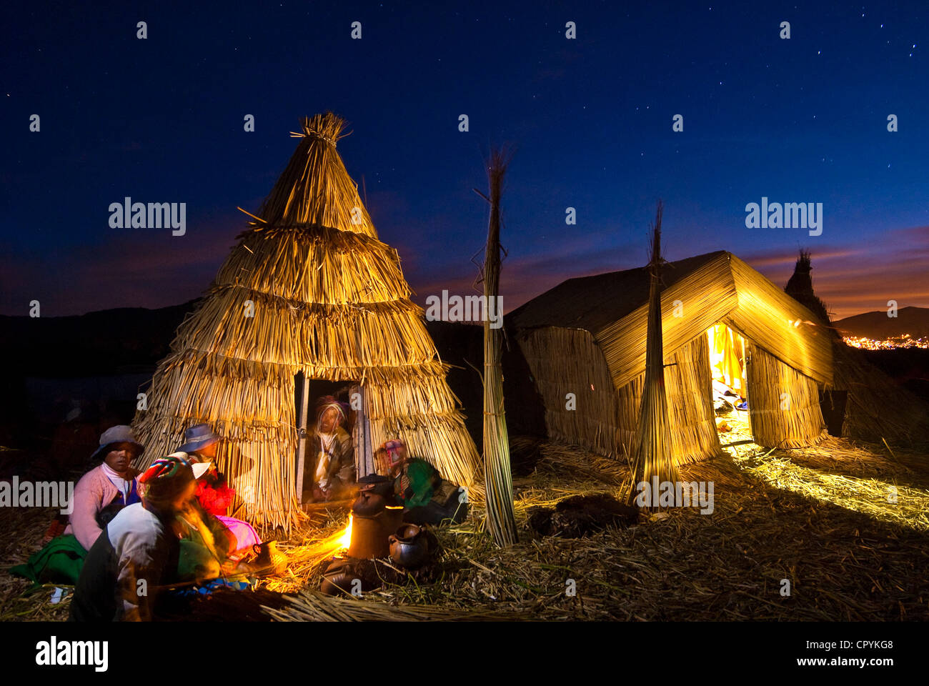 Peru, Puno Province, Titicaca lake, floating islands of Uros, evening ...