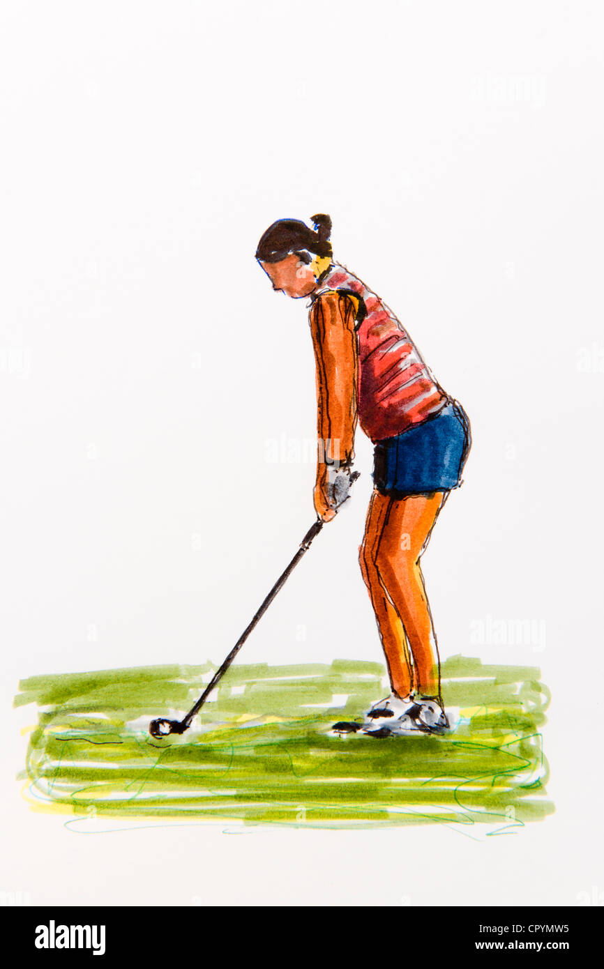 Female golfer at the tee, drawing by the artist Gerhard Kraus, Kriftel ...